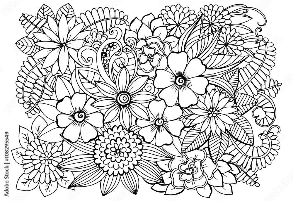 Coloring page with flowers and leaves Stock Vector | Adobe Stock