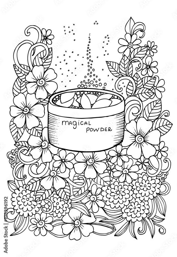 Contrasted adult coloring page with flowers and leaves. Cosmetic ...