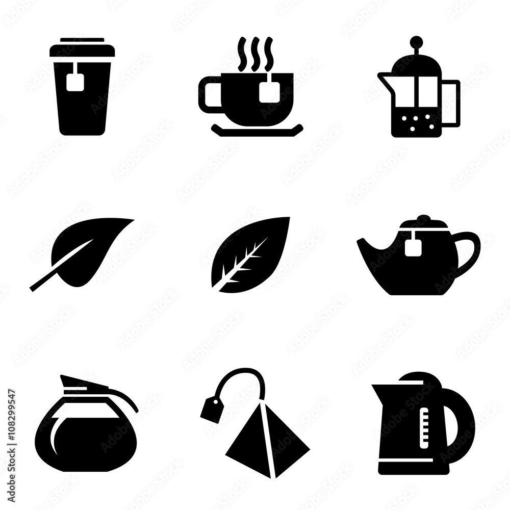 Vector black tea icons set on white background. Tea sign. Tea pictogram ...