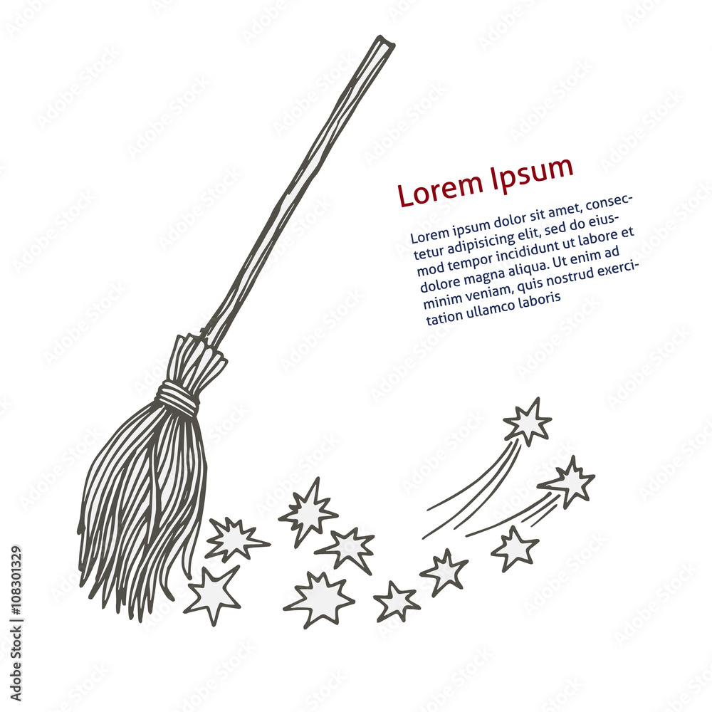 Broom sweeps the stars. Cleaning in the spirit, Black and white vector ...