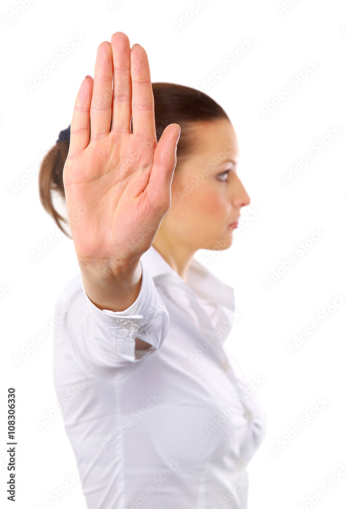 Anger woman signaling stop sign , isolated on white background Stock ...