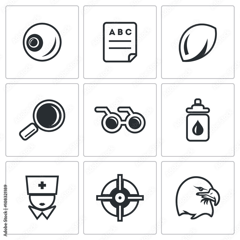 Vector Set of Human Vision Icons. Eye, Braille, Lens, Surveillance ...