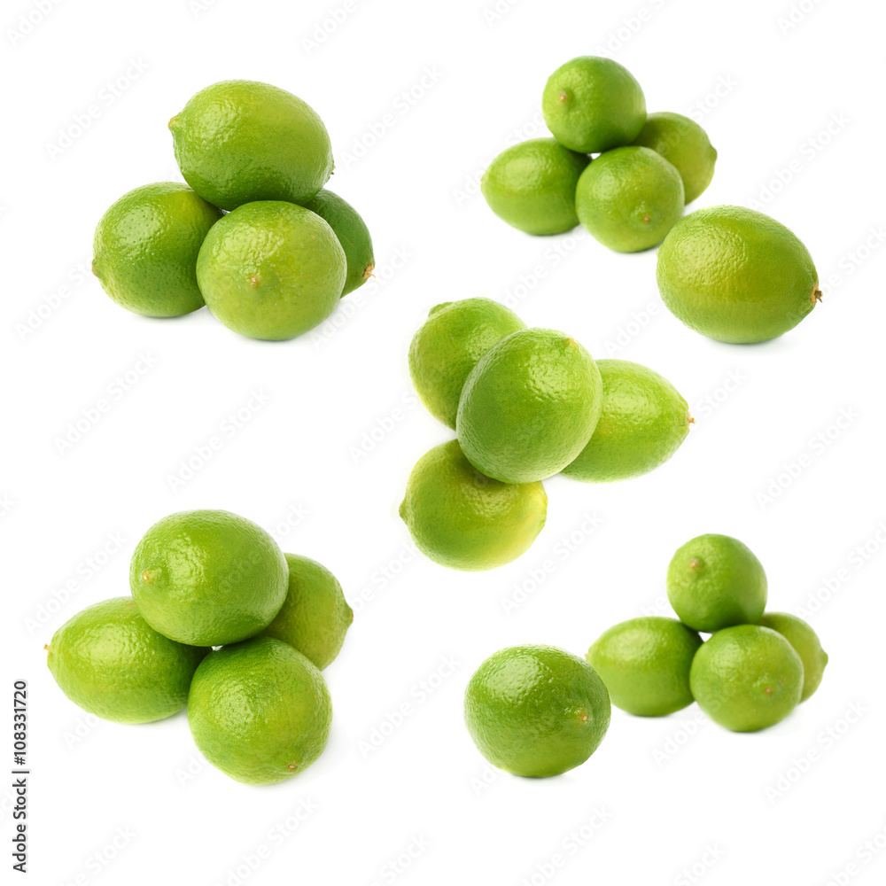 Pile of multiple ripe limes, composition isolated over the white ...