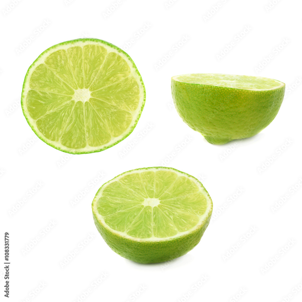 Ripe lime cut in half isolated over the white background, set of three ...