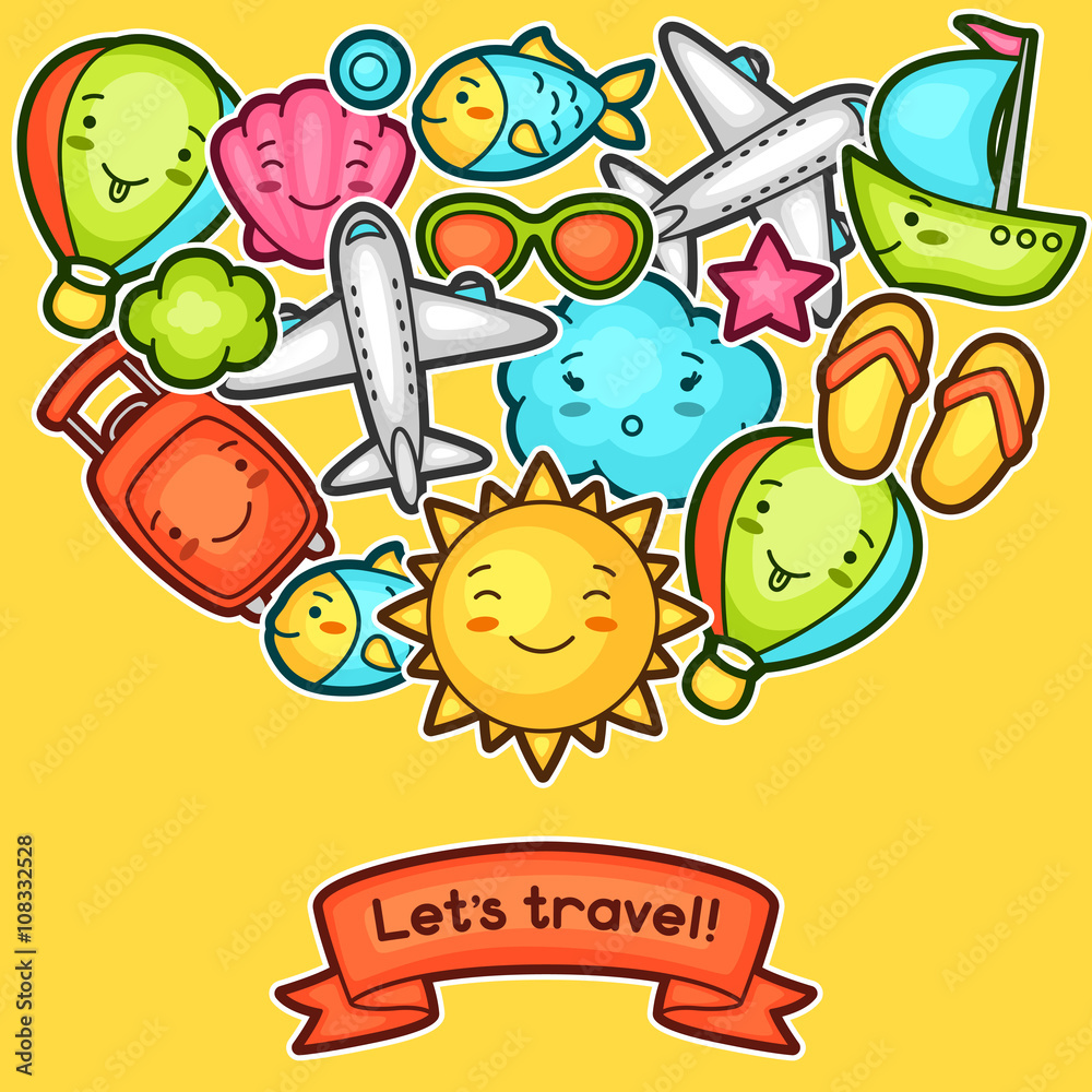 Cute travel background with kawaii doodles. Summer collection of ...