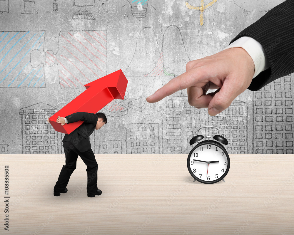 Man carrying red arrow sign with big forefinger pointing at Stock Photo ...