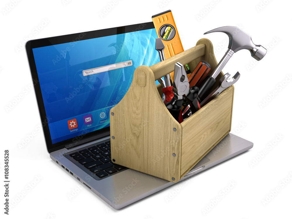 Toolbox with tools on laptop - Repair and recovery concept. 3d ...