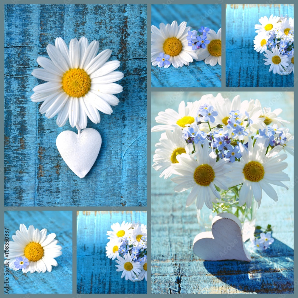 Blumen Collage - Blumenstrauß Margeriten und Vergissmeinnicht Stock ...