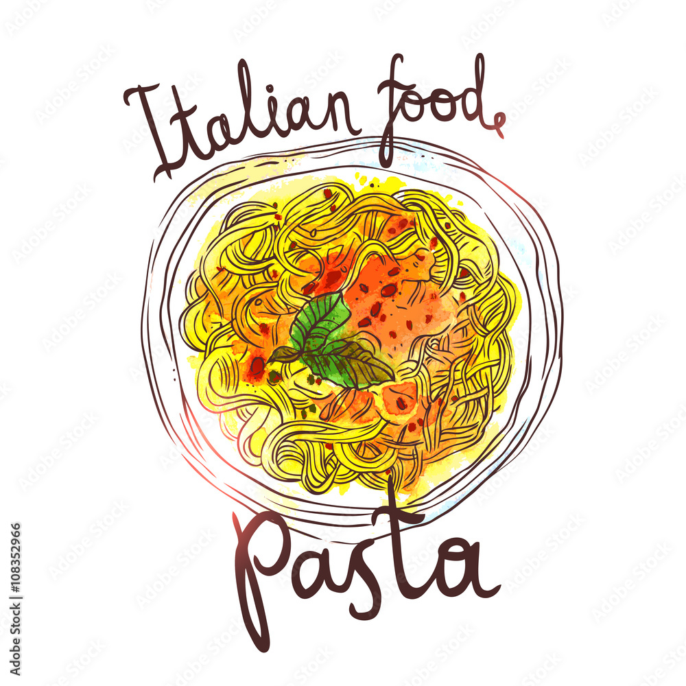 Watercolor Hand Drawn Pasta, Sketch Illustration Of Italian Food Stock ...