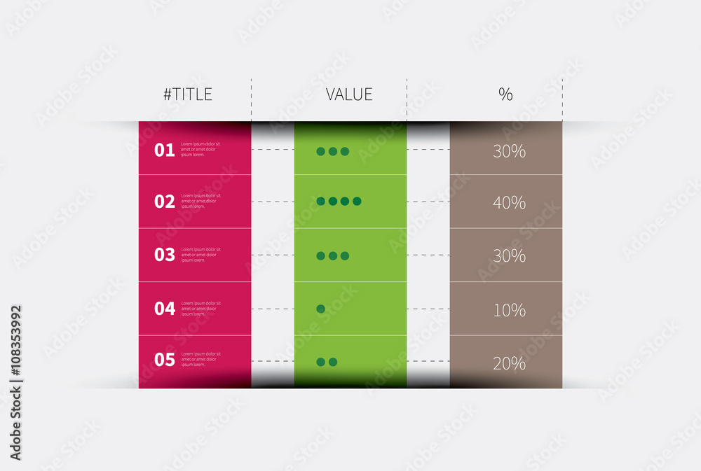 three columns infographic table / modern vector summary table with rows ...
