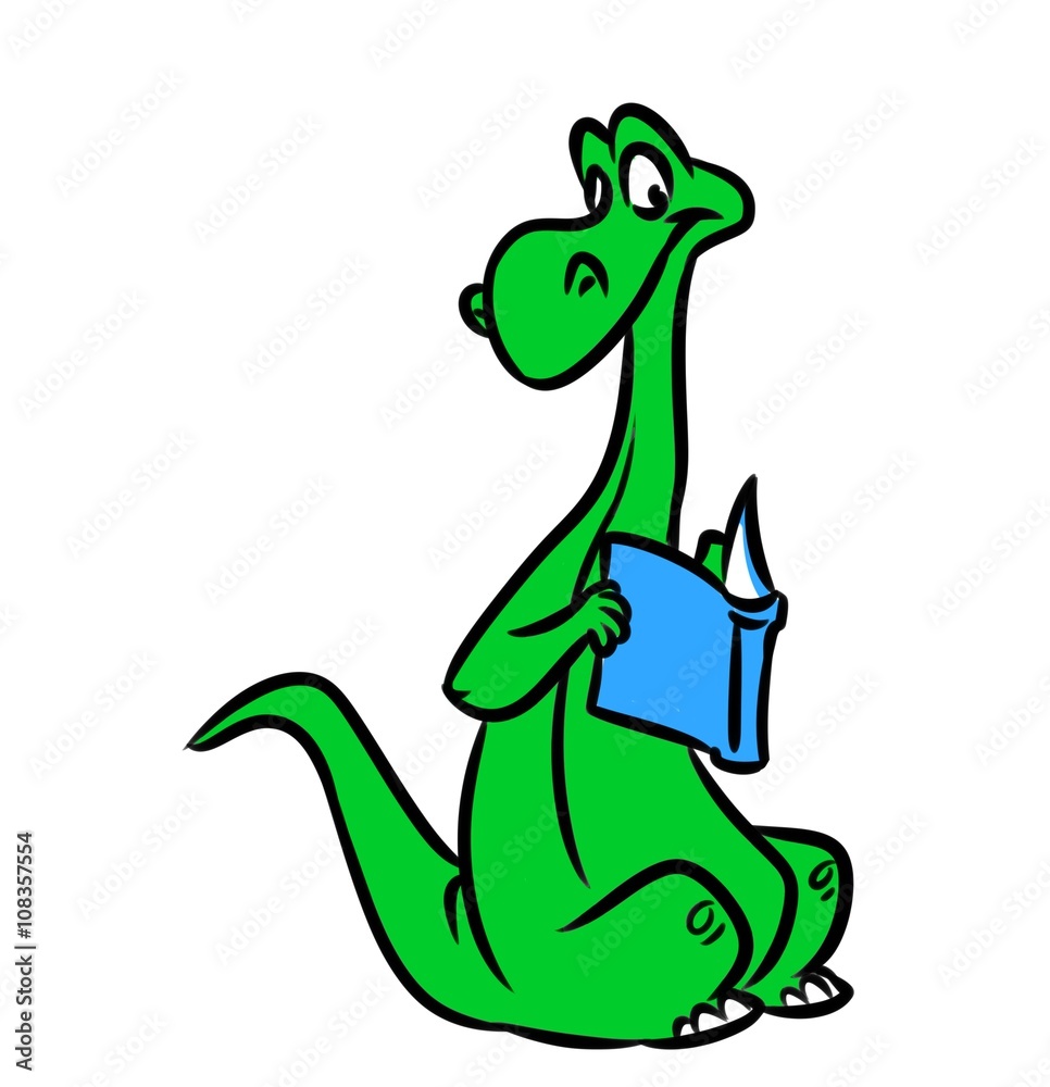 Dinosaur book reading cartoon illustration Stock Illustration | Adobe Stock