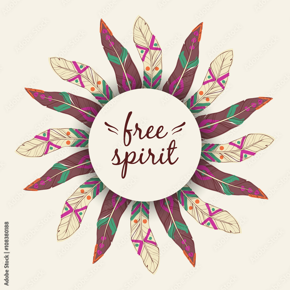 Vector ethnic illustration with feather frame in boho style. Tribal ...