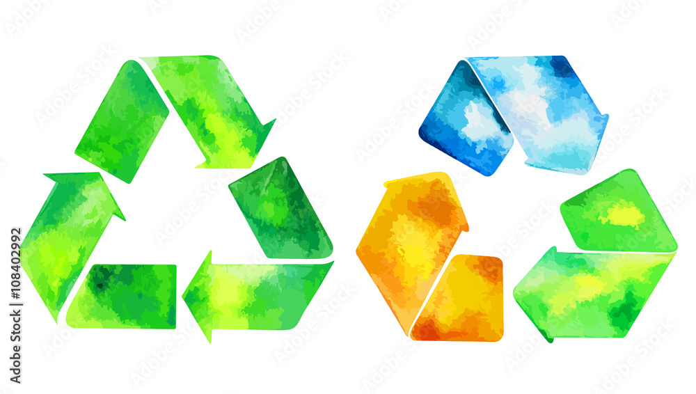 Watercolor green recycle icon and watercolor recycled water icon. Hand ...