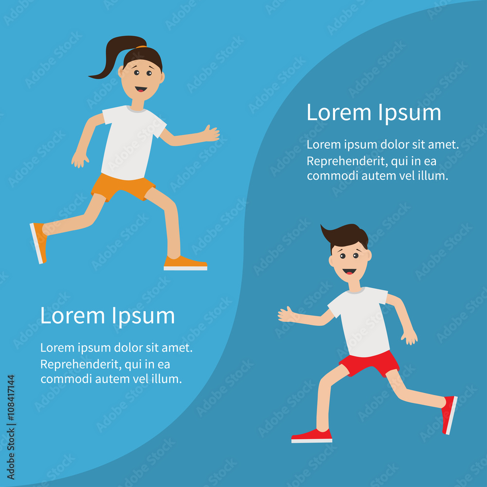 Funny cartoon running girl and boy Cute run woman, man. Jogging lady ...