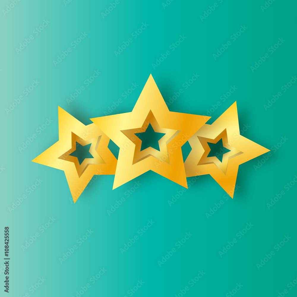 Three Realistic Origami 3D gold stars on a blue background. Award ...