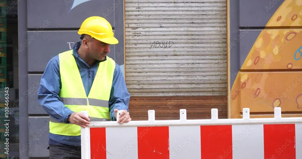 Construction worker wearing safety jacket and yellow hardhat moving a ...