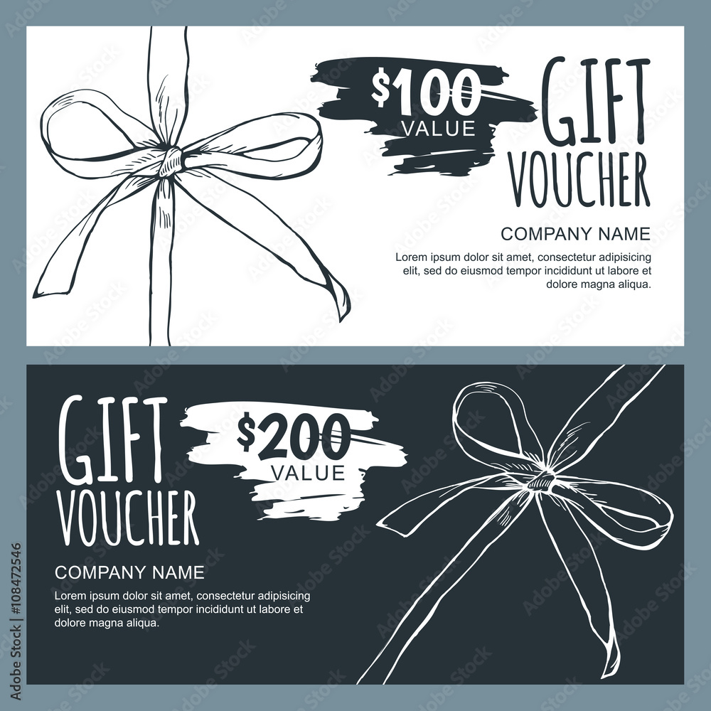 Vector gift voucher template with hand drawn outline bow ribbons. Black ...