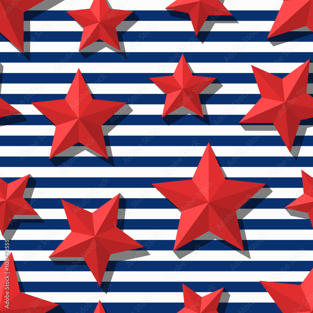 Vector seamless pattern with 3d stylized red stars and blue navy ...
