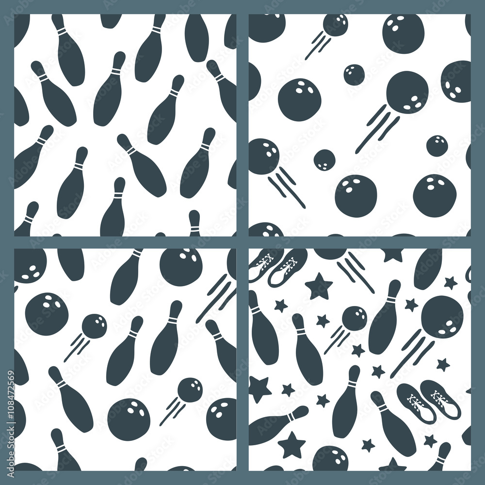 Set of vector bowling seamless pattern. Hand drawn doodle black and ...