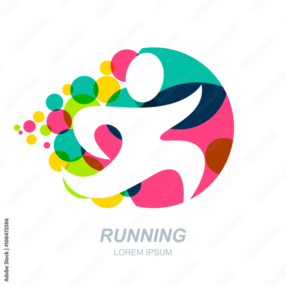 Abstract running man silhouette on multicolor dots background. Vector ...
