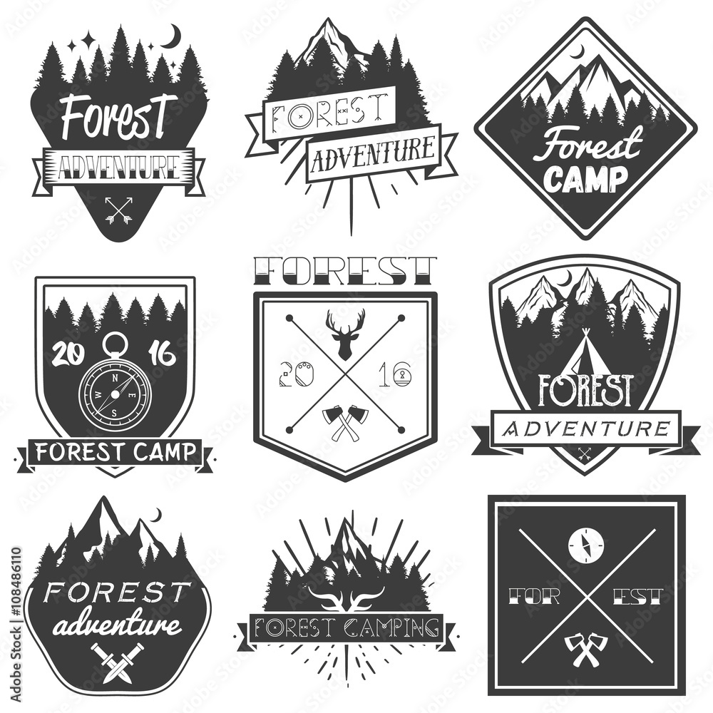Vector set of forest camp labels in vintage style. Design elements ...