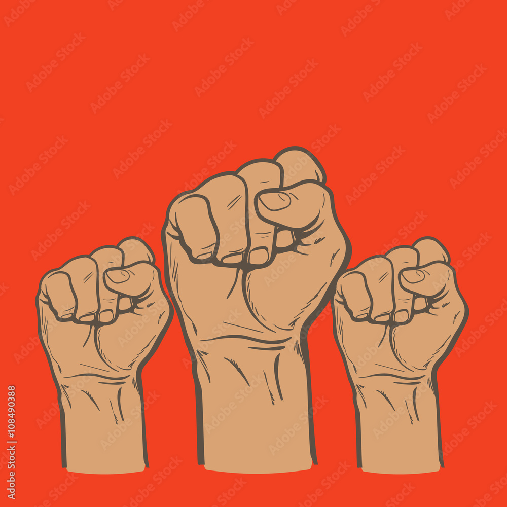Many a man's fist on a red background, illustration sketch of three ...
