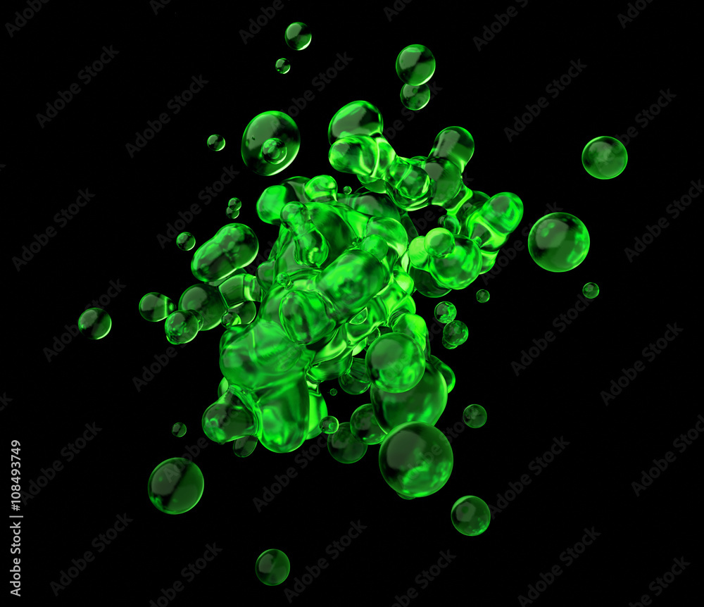 Abstract 3d rendering of chaotic liquid in empty space. Background with ...