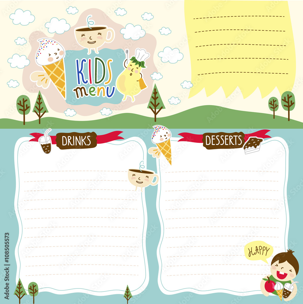 Kids menu bitmap template, cartoon design with funny characters. Stock ...