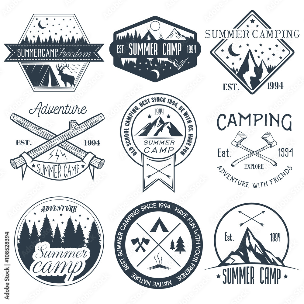 Vector set of camping labels in vintage style. Summer camp outdoor ...