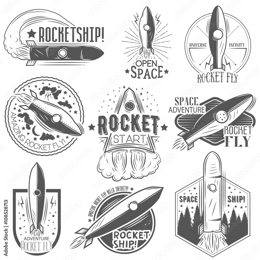Vector set of rocket launch labels in vintage style. Space exploration ...