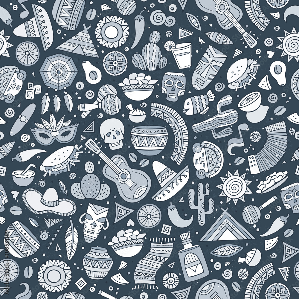 Cartoon hand-drawn latin american, mexican seamless pattern Stock ...