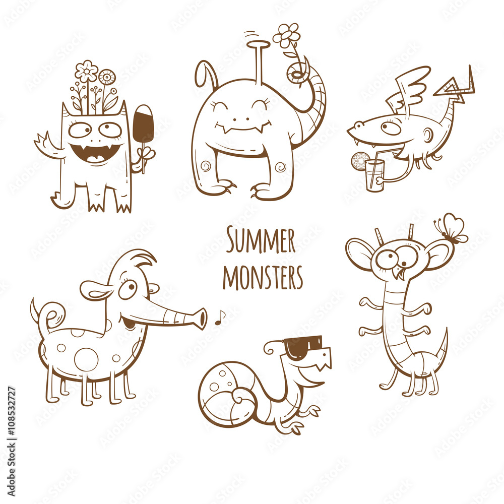 Cartoon summer monsters set. Summer food and drink. Vector image ...