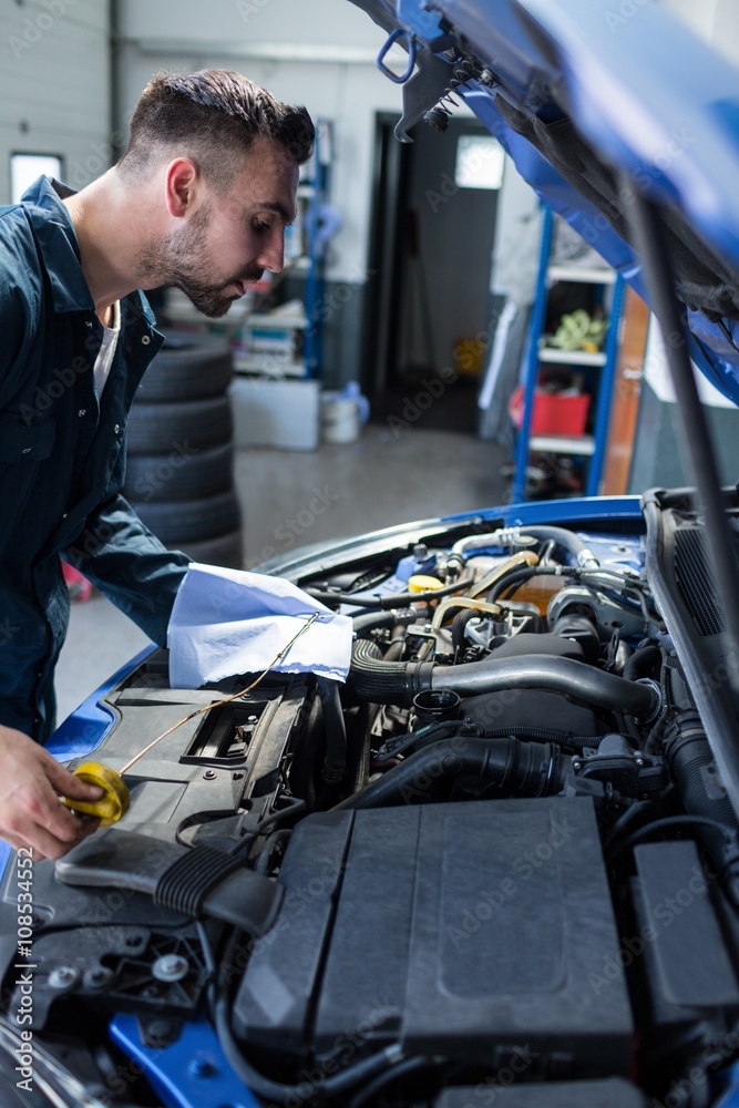Mechanic checking the oil level in a car engine Stock Photo | Adobe Stock