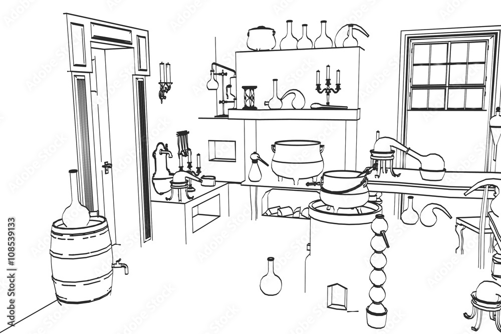 2d cartoon illustration of alchemy lab Stock Illustration | Adobe Stock
