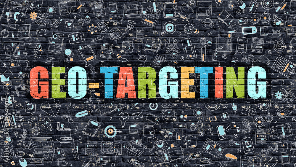 Multicolor Concept - Geo-Targeting on Dark Brick Wall with Doodle Icons ...