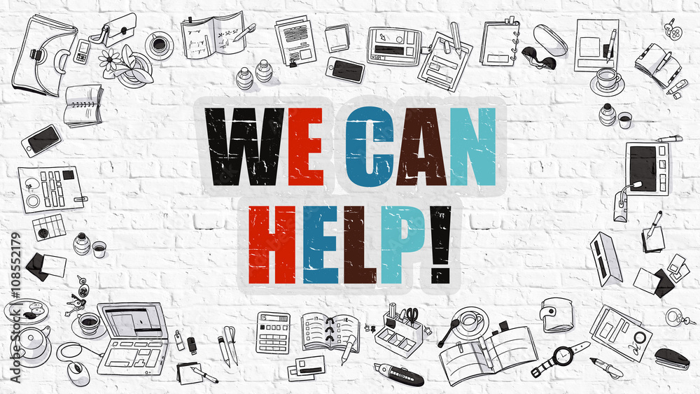 We Can Help. Multicolor Inscription on White Brick Wall with Doodle ...