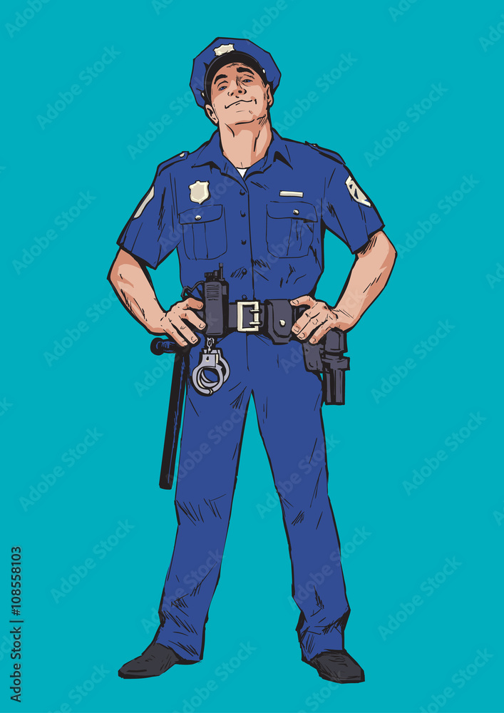Police officer standing to his full height, color illustration of man ...