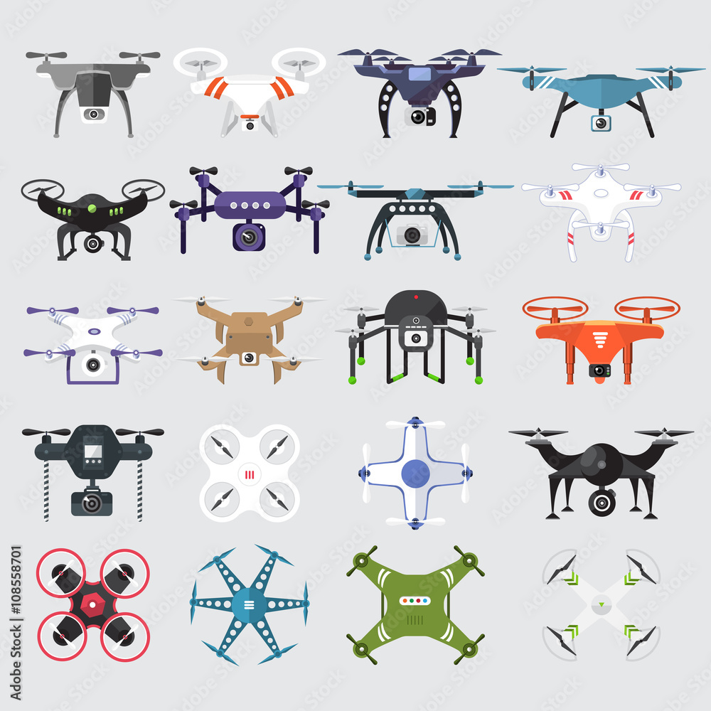 Drones vector set. Flat design element drone and controller connecting ...