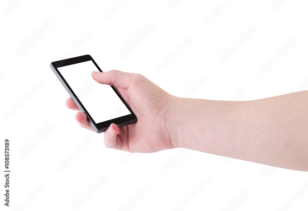 Right hand holding big touch screen smart phone, angle view, isolated ...