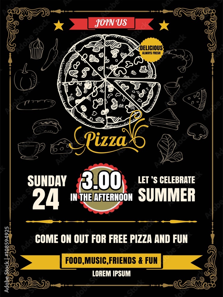 Vintage vector pizza party flyer invitation template design Stock ...
