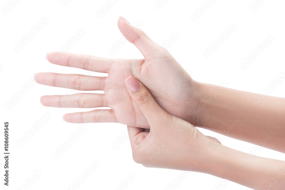Acute pain in a woman palm, a woman massaging her painful hand isolated ...
