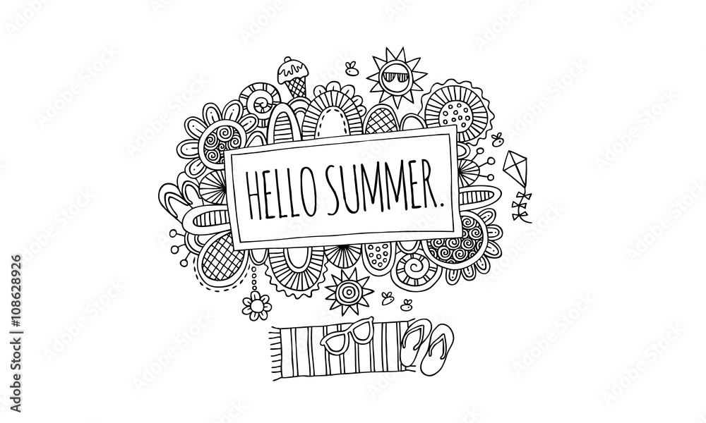 Hello Summer Doodle Black and White Vector Lineart Stock Vector | Adobe ...