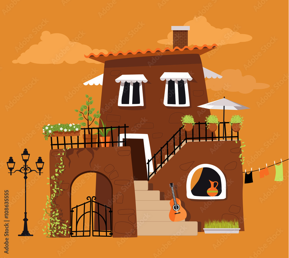 Cartoon villa in the traditional Italian or Spanish style, EPS 8 vector ...