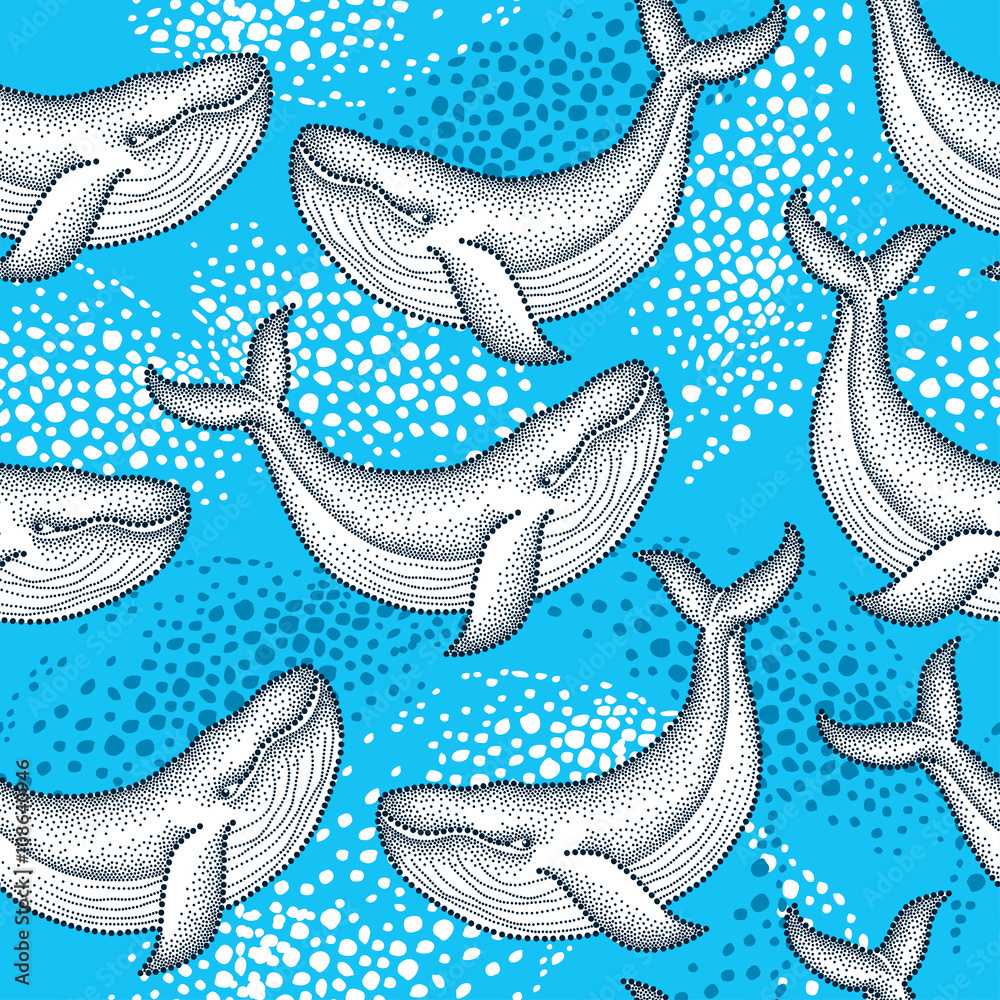 Vector seamless pattern with dotted humpback whale in white and black ...