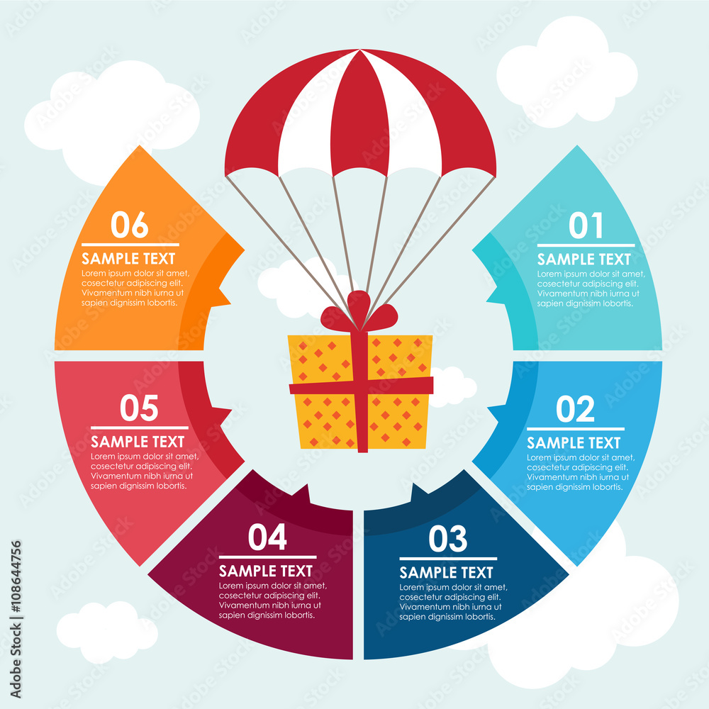 Circle infographic with a gift falling with a parachute. Vector ...