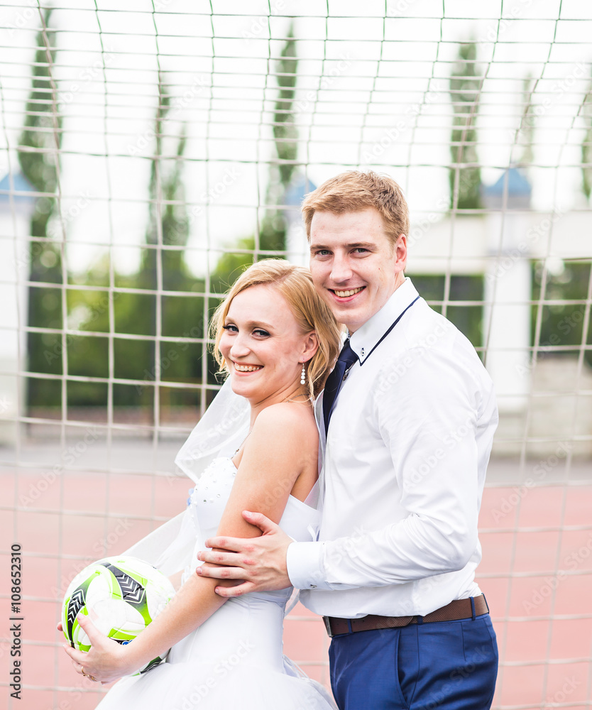 European Football Championship concept. Wedding couple on the football ...