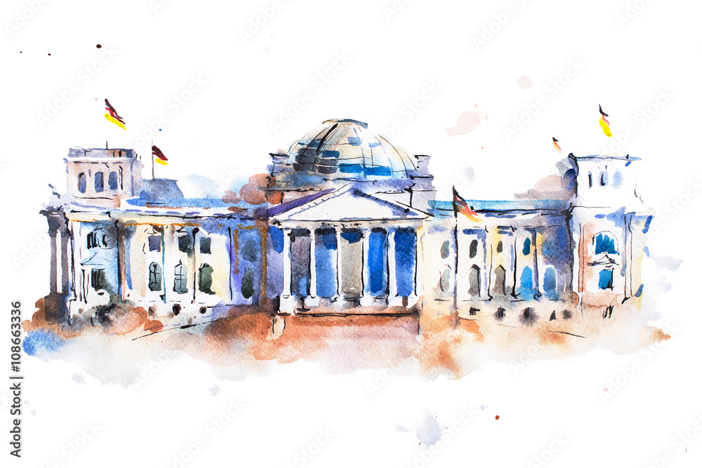 watercolor drawing of Reichstag building in Berlin Stock Illustration ...