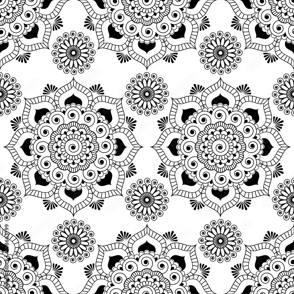 Seamless pattern background with black and white mehndi henna lace buta ...