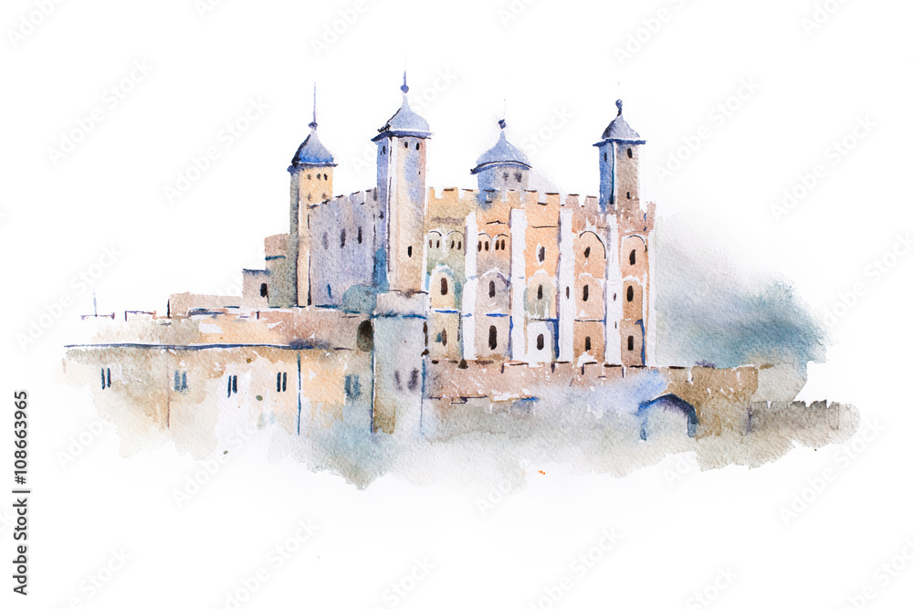 tower of London watercolor drawing, London, UK. English sightseeing ...