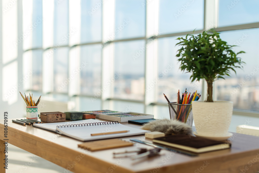 Artist workplace ready for pastel, drawing. Colorful pencils and ...